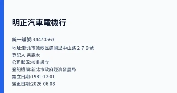明正汽車電機行的照片-統編 34470563(新北市) 公司登記資料與營業項目詳細圖表