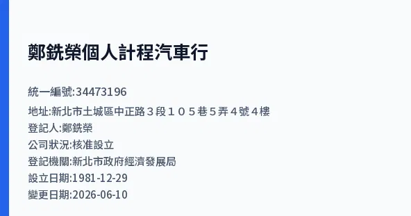 鄭銑榮個人計程汽車行的照片-統編 34473196(新北市) 公司登記資料與營業項目詳細圖表