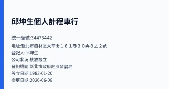 邱坤生個人計程車行的照片-統編 34473442(新北市) 公司登記資料與營業項目詳細圖表