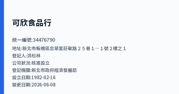可欣食品行的照片-統編 34476790(新北市) 公司登記資料與營業項目詳細圖表