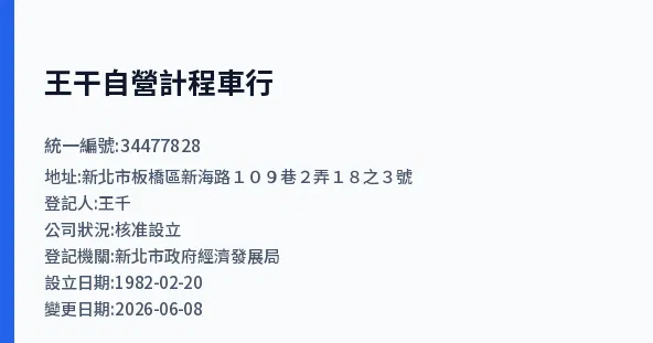王干自營計程車行的照片-統編 34477828(新北市) 公司登記資料與營業項目詳細圖表