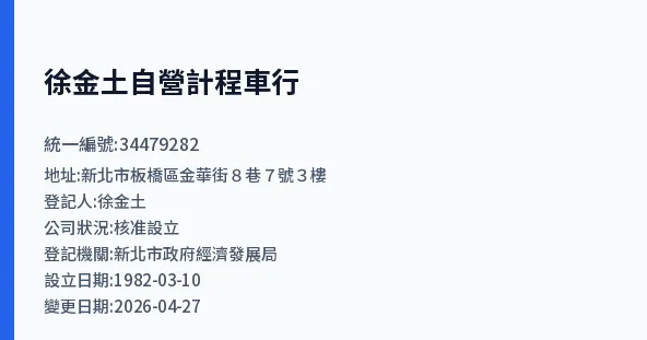 徐金土自營計程車行的照片-統編 34479282(新北市) 公司登記資料與營業項目詳細圖表