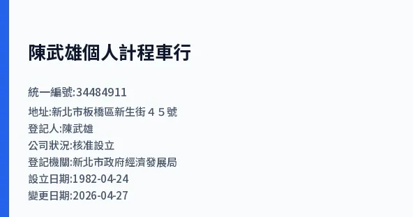 陳武雄個人計程車行的照片-統編 34484911(新北市) 公司登記資料與營業項目詳細圖表