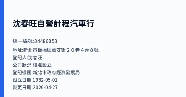 沈春旺自營計程汽車行的照片-統編 34486853(新北市) 公司登記資料與營業項目詳細圖表