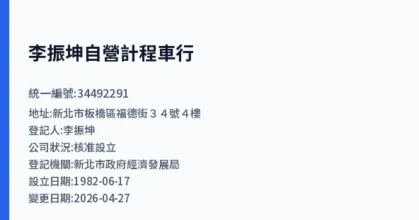 李振坤自營計程車行的照片-統編 34492291(新北市) 公司登記資料與營業項目詳細圖表