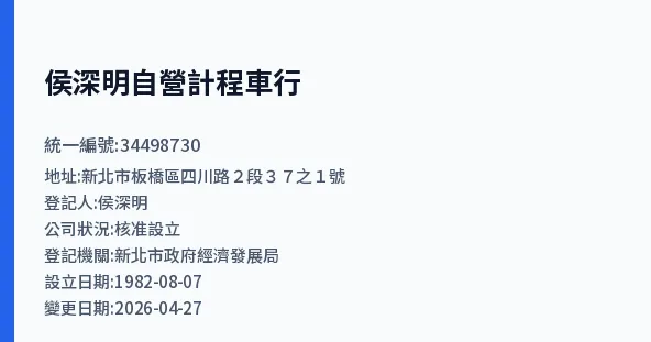侯深明自營計程車行的照片-統編 34498730(新北市) 公司登記資料與營業項目詳細圖表