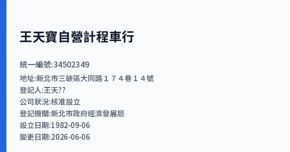 王天寶自營計程車行的照片-統編 34502349(新北市) 公司登記資料與營業項目詳細圖表