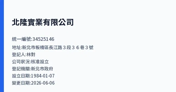 北隆實業有限公司的照片-統編 34525146(新北市) 公司登記資料與營業項目詳細圖表