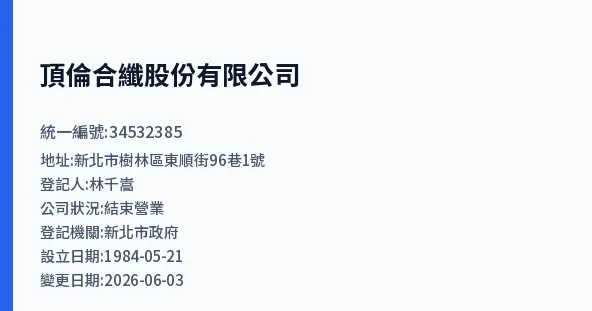 頂倫合纖股份有限公司的照片-統編 34532385(新北市) 公司登記資料與營業項目詳細圖表