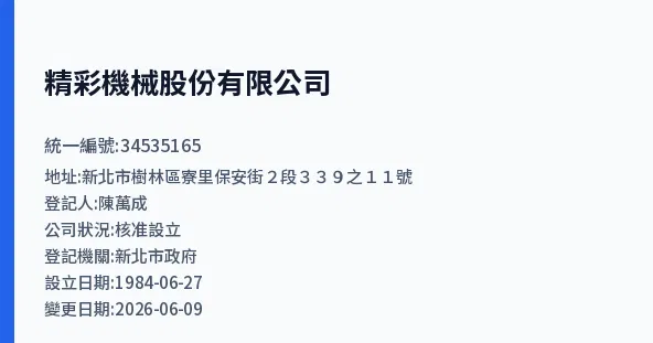 精彩機械股份有限公司的照片-統編 34535165(新北市) 公司登記資料與營業項目詳細圖表