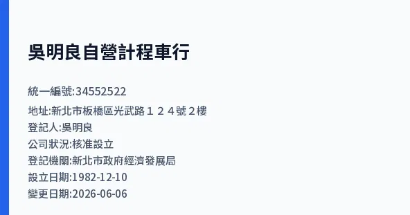 吳明良自營計程車行的照片-統編 34552522(新北市) 公司登記資料與營業項目詳細圖表