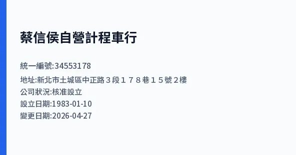 蔡信侯自營計程車行的照片-統編 34553178(新北市) 公司登記資料與營業項目詳細圖表
