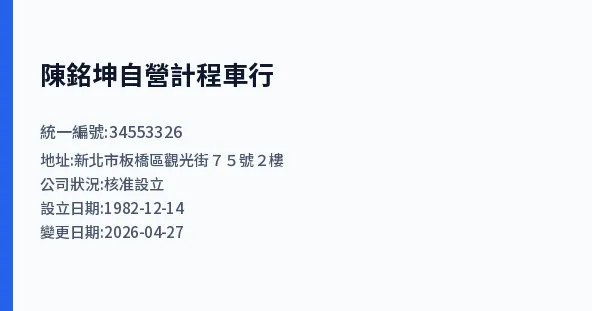 陳銘坤自營計程車行的照片-統編 34553326(新北市) 公司登記資料與營業項目詳細圖表