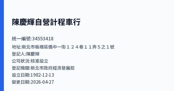 陳慶輝自營計程車行的照片-統編 34553418(新北市) 公司登記資料與營業項目詳細圖表