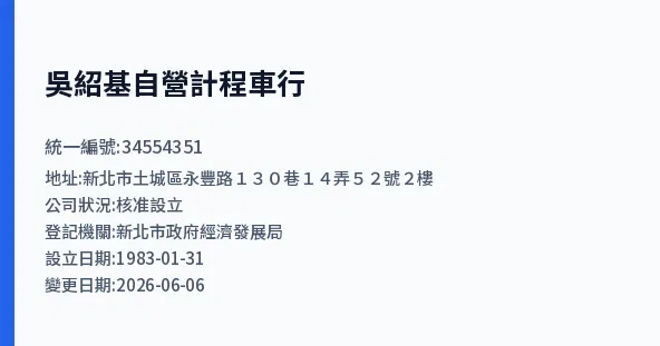 吳紹基自營計程車行的照片-統編 34554351(新北市) 公司登記資料與營業項目詳細圖表