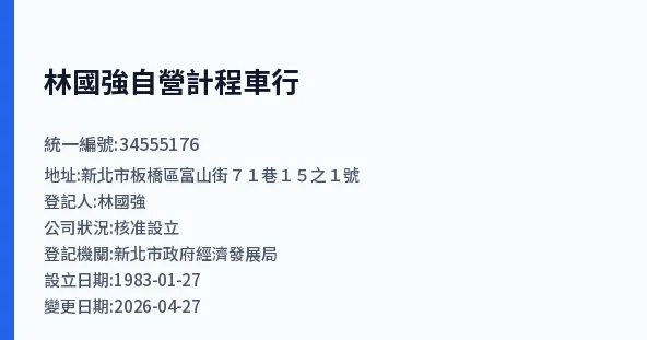 林國強自營計程車行的照片-統編 34555176(新北市) 公司登記資料與營業項目詳細圖表