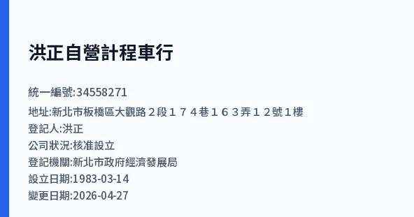 洪正自營計程車行的照片-統編 34558271(新北市) 公司登記資料與營業項目詳細圖表