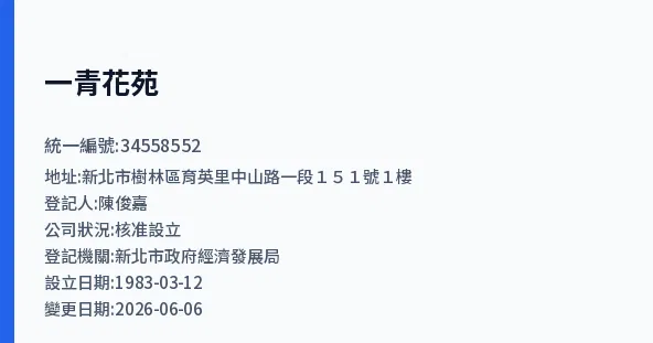 一青花苑的照片-統編 34558552(新北市) 公司登記資料與營業項目詳細圖表