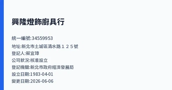 興隆燈飾廚具行的照片-統編 34559953(新北市) 公司登記資料與營業項目詳細圖表