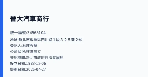 晉大汽車商行的照片-統編 34565104(新北市) 公司登記資料與營業項目詳細圖表