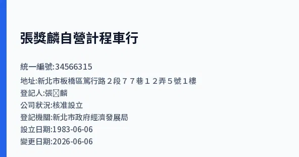 張獎麟自營計程車行的照片-統編 34566315(新北市) 公司登記資料與營業項目詳細圖表