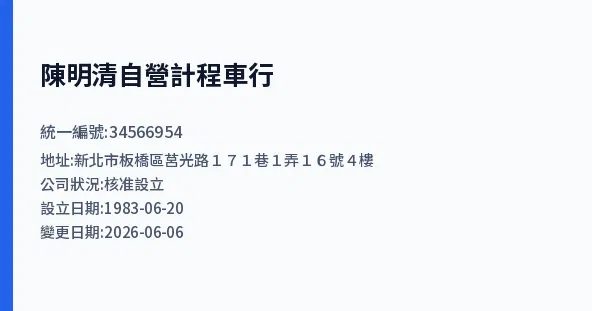 陳明清自營計程車行的照片-統編 34566954(新北市) 公司登記資料與營業項目詳細圖表