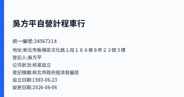 吳方平自營計程車行的照片-統編 34567314(新北市) 公司登記資料與營業項目詳細圖表