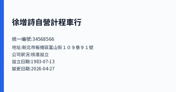 徐增詩自營計程車行的照片-統編 34568566(新北市) 公司登記資料與營業項目詳細圖表