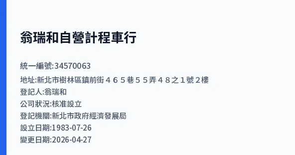 翁瑞和自營計程車行的照片-統編 34570063(新北市) 公司登記資料與營業項目詳細圖表
