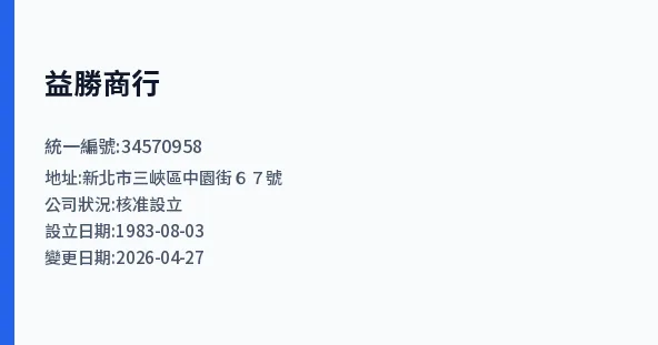 益勝商行的照片-統編 34570958(新北市) 公司登記資料與營業項目詳細圖表