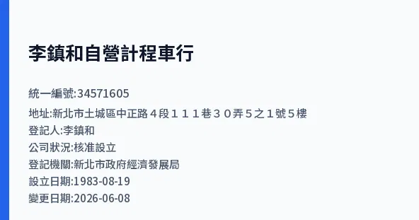 李鎮和自營計程車行的照片-統編 34571605(新北市) 公司登記資料與營業項目詳細圖表