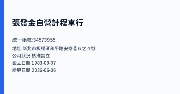 張發金自營計程車行的照片-統編 34573955(新北市) 公司登記資料與營業項目詳細圖表