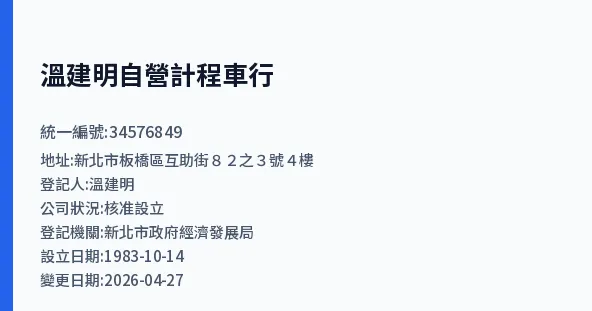 溫建明自營計程車行的照片-統編 34576849(新北市) 公司登記資料與營業項目詳細圖表