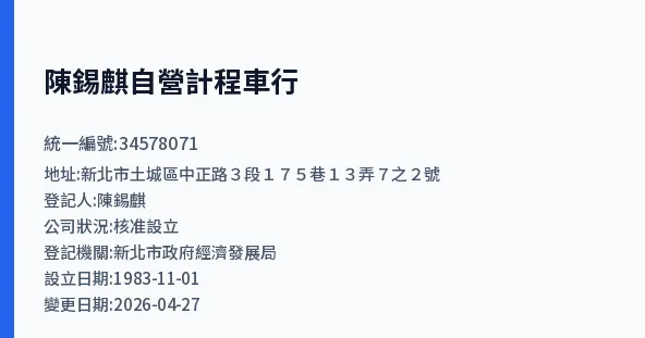 陳錫麒自營計程車行的照片-統編 34578071(新北市) 公司登記資料與營業項目詳細圖表