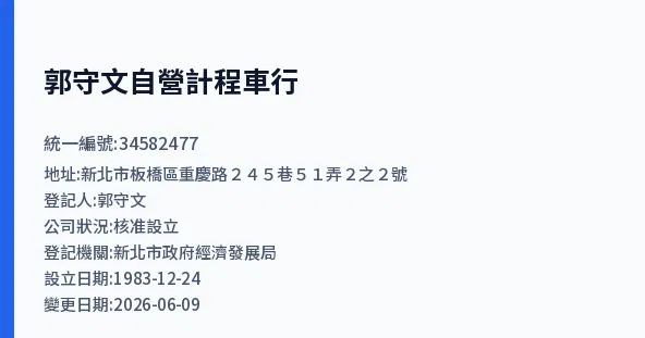 郭守文自營計程車行的照片-統編 34582477(新北市) 公司登記資料與營業項目詳細圖表