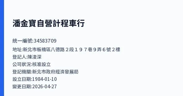 潘金寶自營計程車行的照片-統編 34583709(新北市) 公司登記資料與營業項目詳細圖表