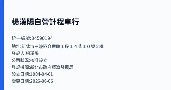 楊漢陽自營計程車行的照片-統編 34590194(新北市) 公司登記資料與營業項目詳細圖表