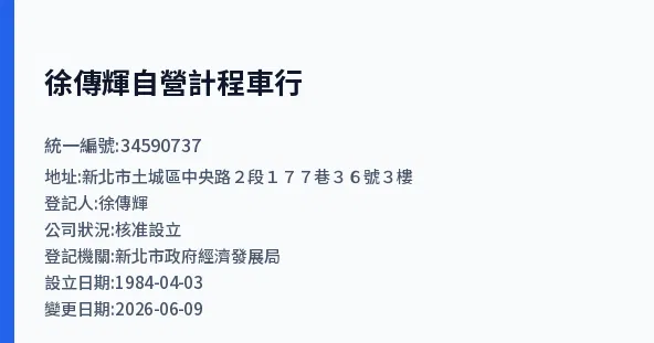徐傳輝自營計程車行的照片-統編 34590737(新北市) 公司登記資料與營業項目詳細圖表