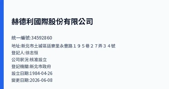 赫德利國際股份有限公司的照片-統編 34592860(新北市) 公司登記資料與營業項目詳細圖表
