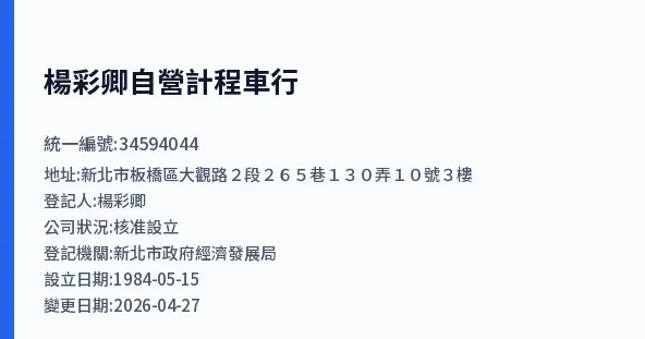 楊彩卿自營計程車行的照片-統編 34594044(新北市) 公司登記資料與營業項目詳細圖表