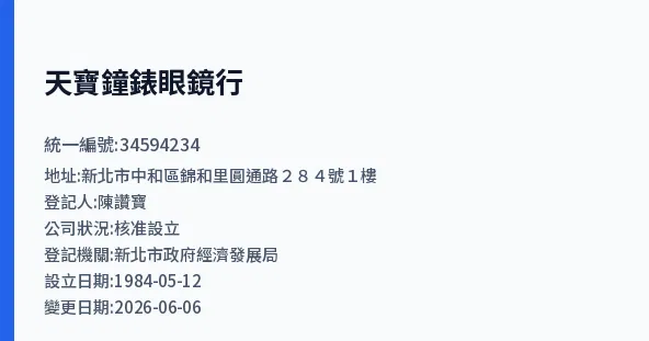 天寶鐘錶眼鏡行的照片-統編 34594234(新北市) 公司登記資料與營業項目詳細圖表