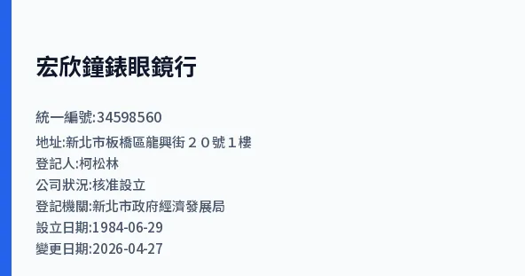 宏欣鐘錶眼鏡行的照片-統編 34598560(新北市) 公司登記資料與營業項目詳細圖表