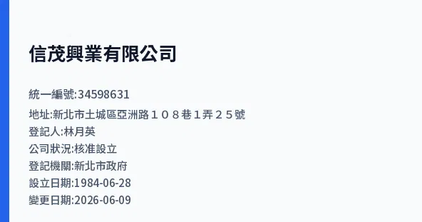 信茂興業有限公司的照片-統編 34598631(新北市) 公司登記資料與營業項目詳細圖表