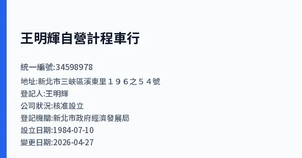 王明輝自營計程車行的照片-統編 34598978(新北市) 公司登記資料與營業項目詳細圖表