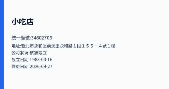 小吃店的照片-統編 34602706(新北市) 公司登記資料與營業項目詳細圖表