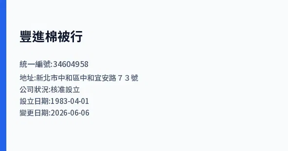 豐進棉被行的照片-統編 34604958(新北市) 公司登記資料與營業項目詳細圖表