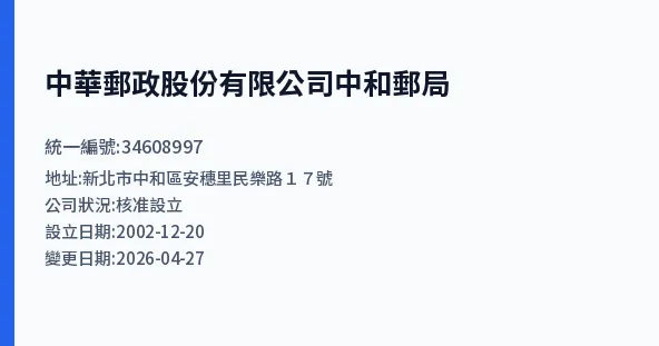 中華郵政股份有限公司中和郵局的照片-統編 34608997(新北市) 公司登記資料與營業項目詳細圖表
