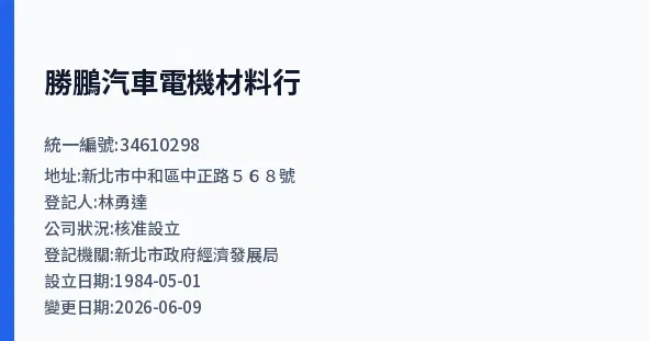 勝鵬汽車電機材料行的照片-統編 34610298(新北市) 公司登記資料與營業項目詳細圖表