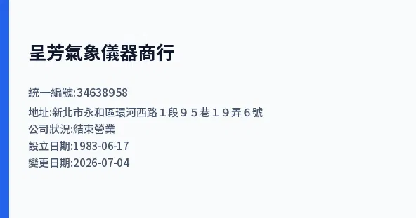 呈芳氣象儀器商行的照片-統編 34638958(新北市) 公司登記資料與營業項目詳細圖表
