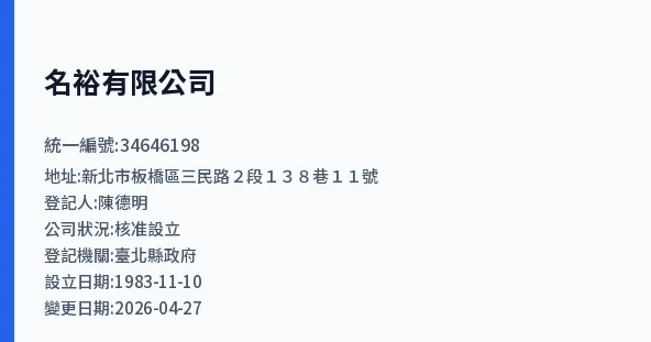 名裕有限公司的照片-統編 34646198(新北市) 公司登記資料與營業項目詳細圖表